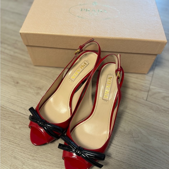 Prada | Shoes | Prada Red Slingback Heels With Black Bow | Poshmark